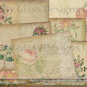 Antique Lace & Roses Digital Paper, Junk Journal Pages, Shabby Chic ...