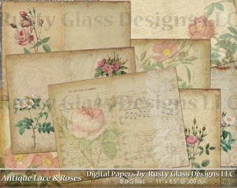 Shabby Lace Floral Papers Digital Paper Collage Sheet | Etsy