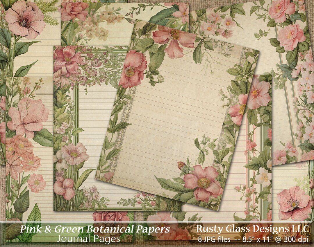 Pink and Green Botanical Papers / 8.5 X 11 / Floral Journal Pages ...