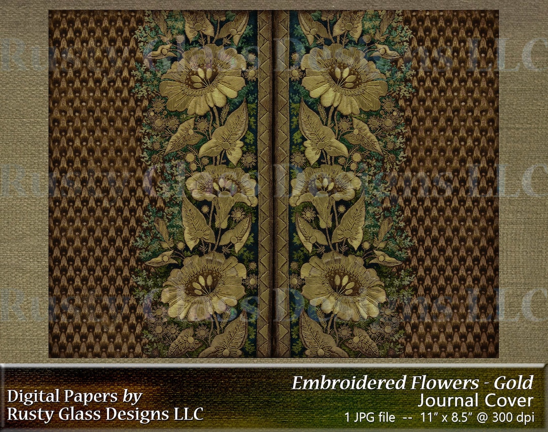 Fabric Digital Journal Cover / Gold Embroidered Flowers / Floral ...