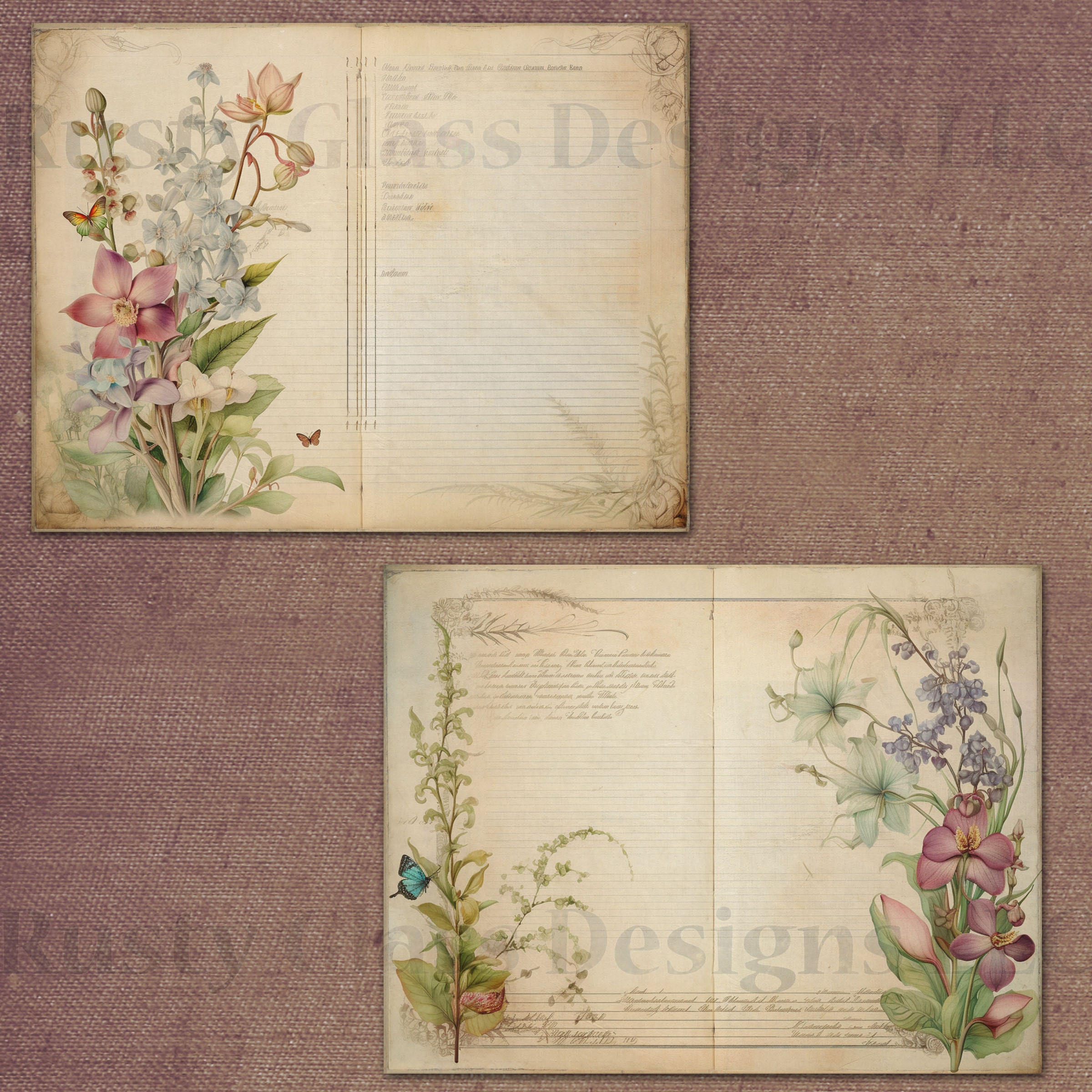 Printable Junk Journal Pages, Pastel Botanical Ledger Journal Pages Set ...