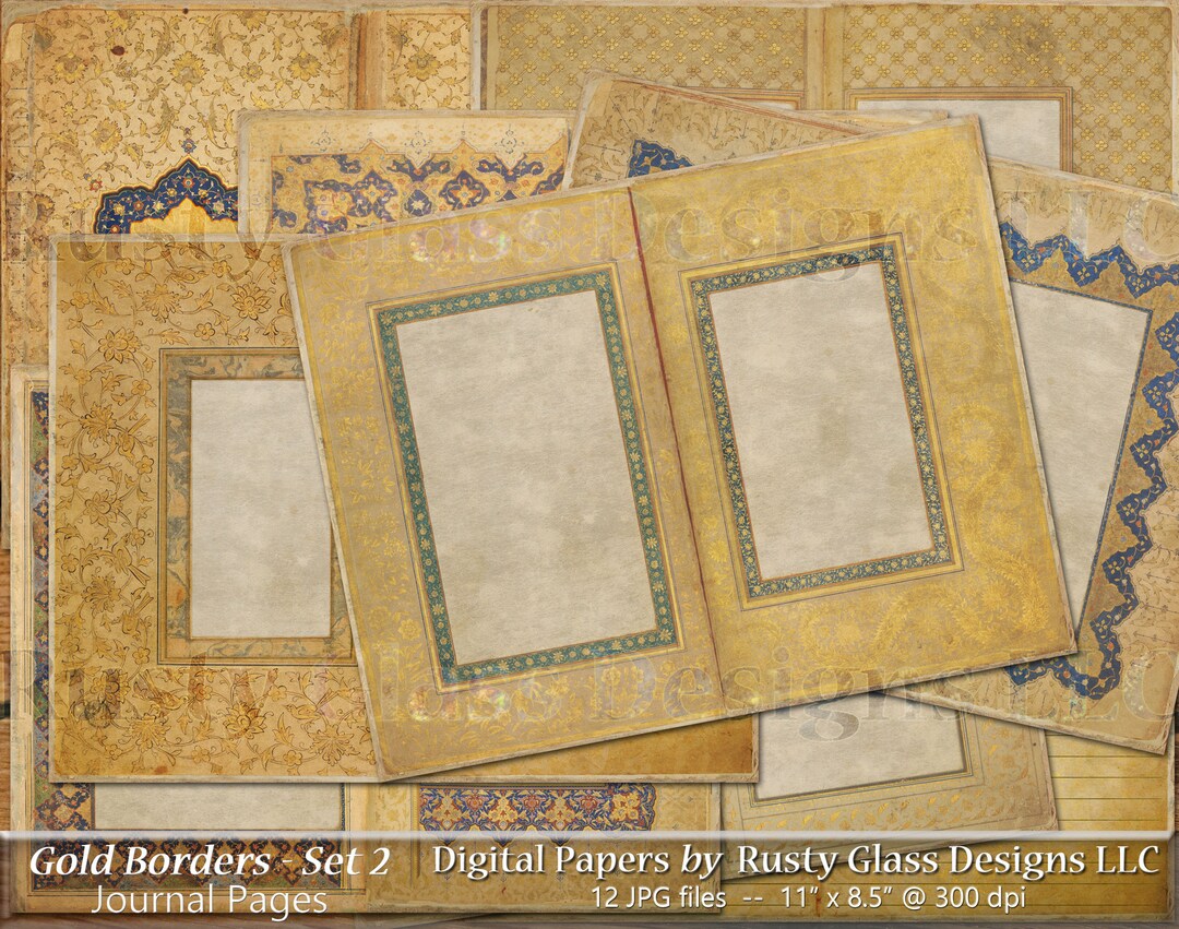 Gold Junk Journal Pages / Gold and Blue Borders / Digital Journal Pages ...