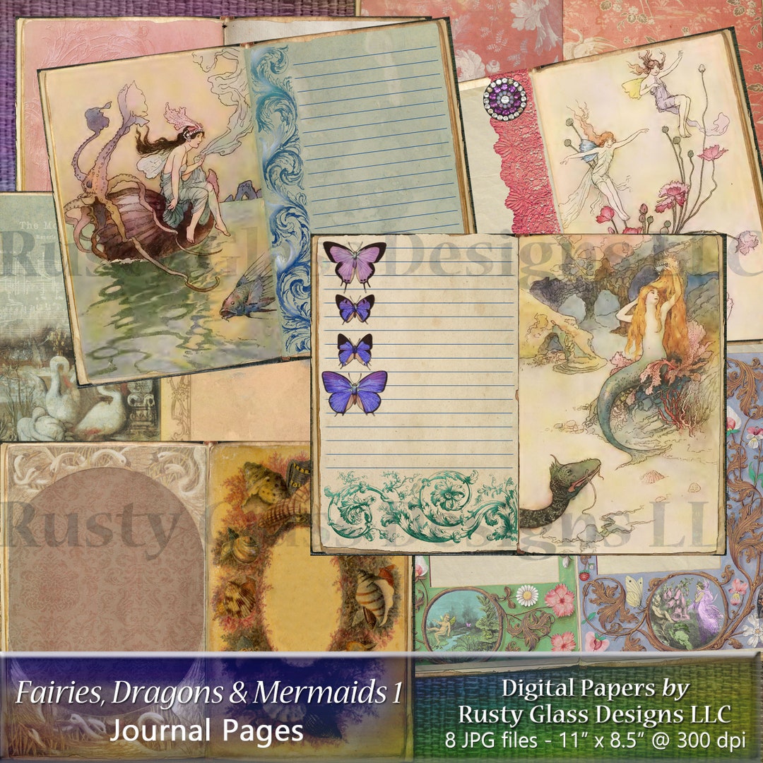 Fairies Dragons Mermaids Junk Journal Pages, Set 1, Printable Journal ...