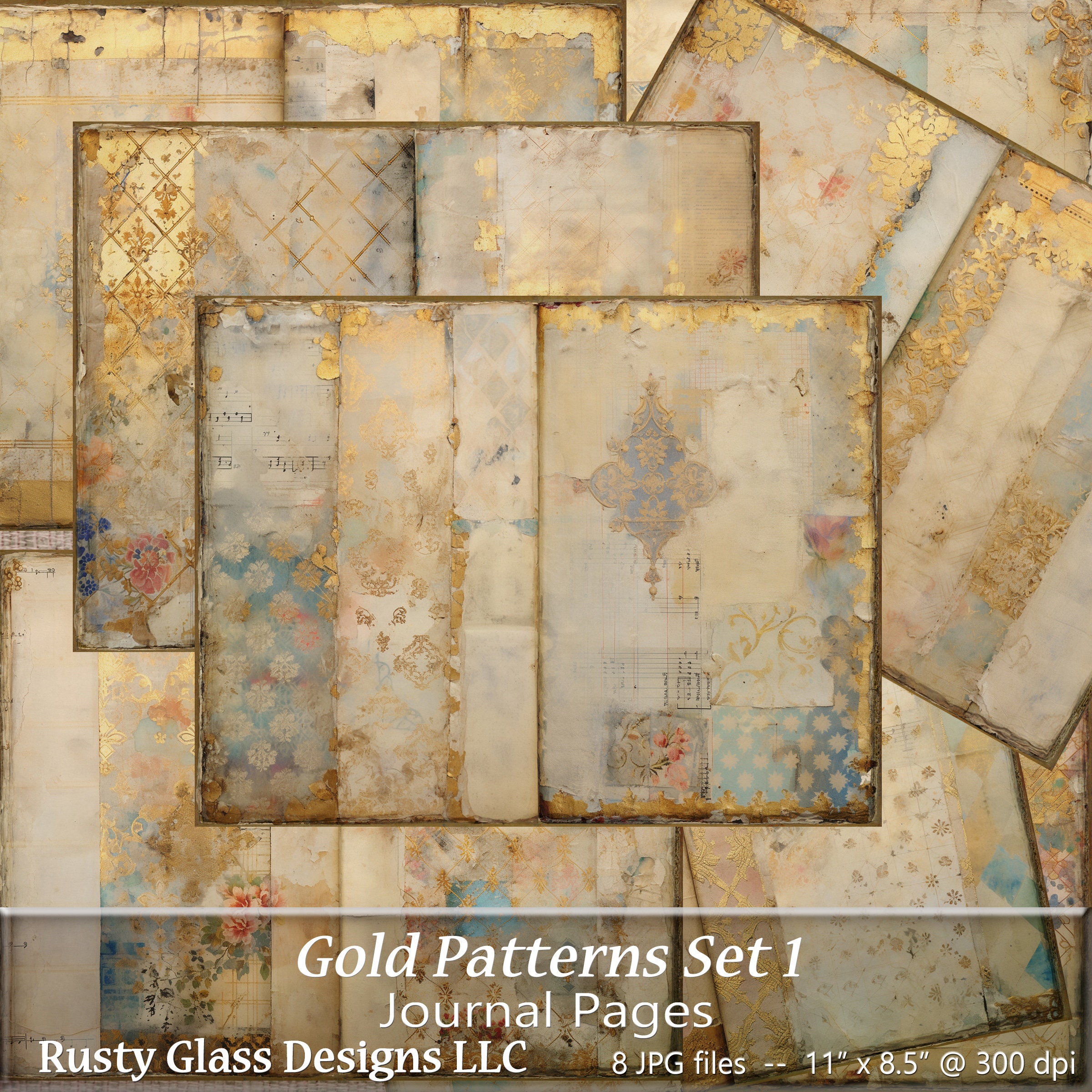 Printable Journal Pages, Gold Pattern Journal, Beige Blue and Gold Junk ...