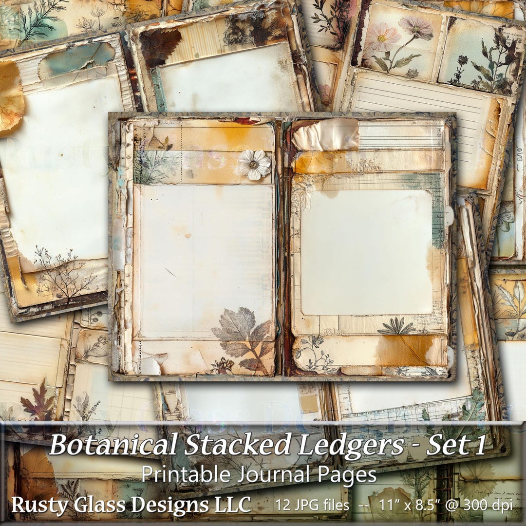 Botanical Stacked Ledgers Junk Journal Pages, Set 1, Printable Journal ...