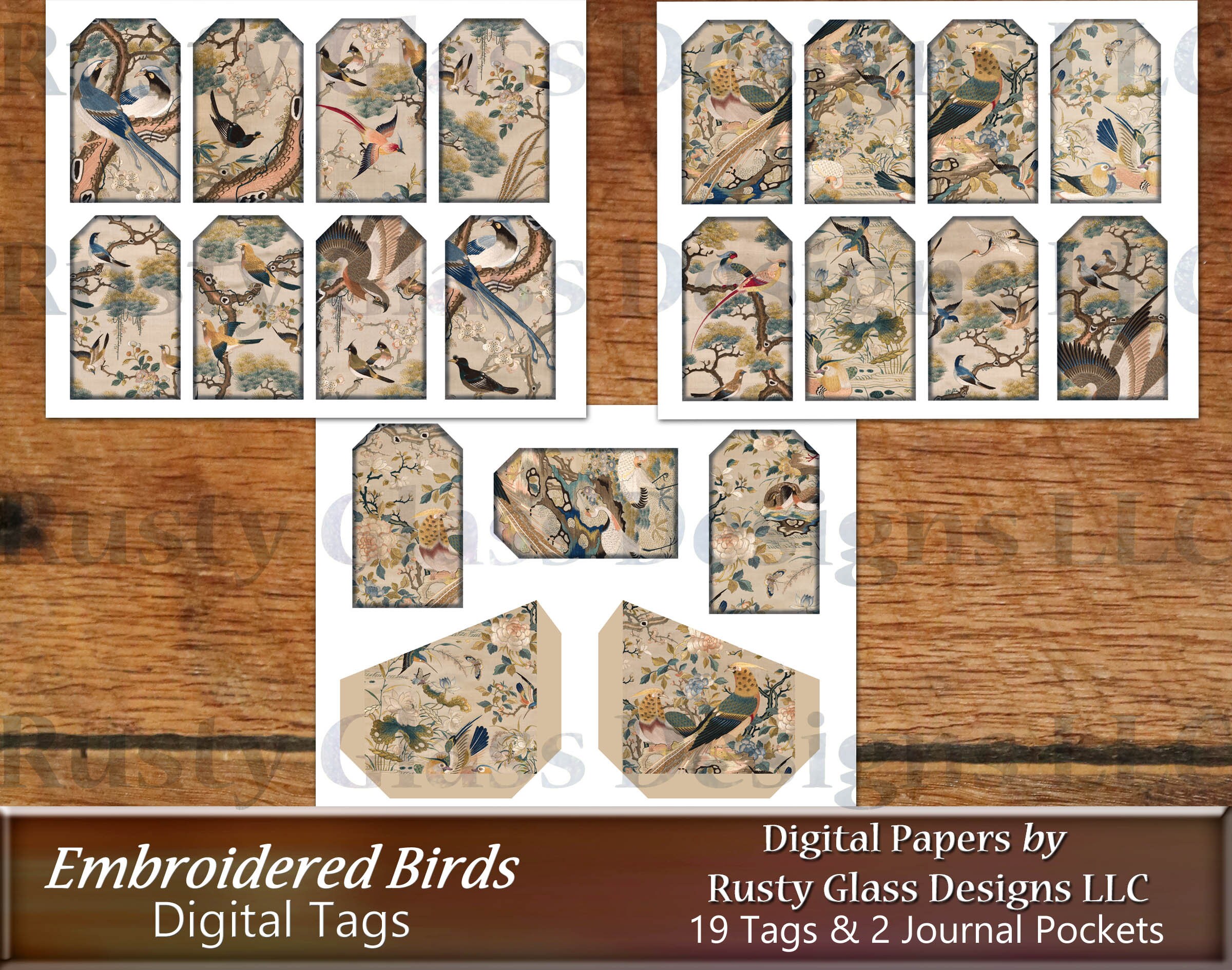 Embroidered Birds Digital Tags / Printable Tags / Gift Tags / | Etsy