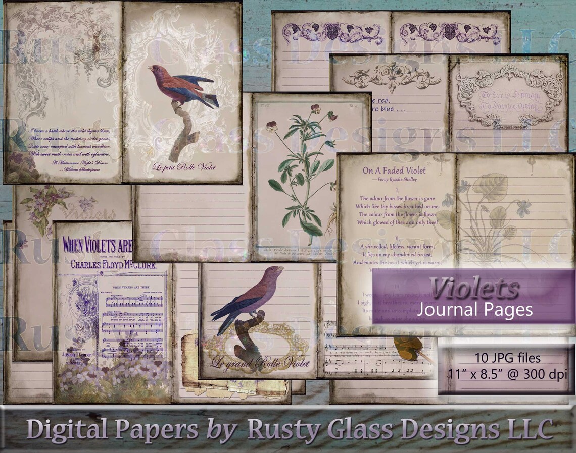 Digital Journal Pages, violets / Digital Papers / Junk Journal Pages ...