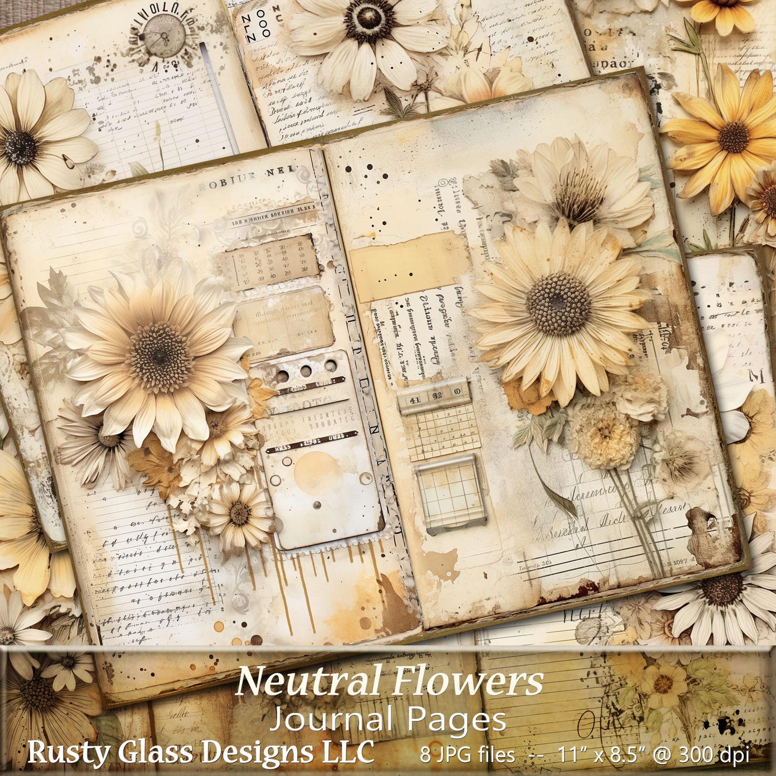 Printable Neutral Junk Journal Pages With Neutral Flowers and Ephemera ...