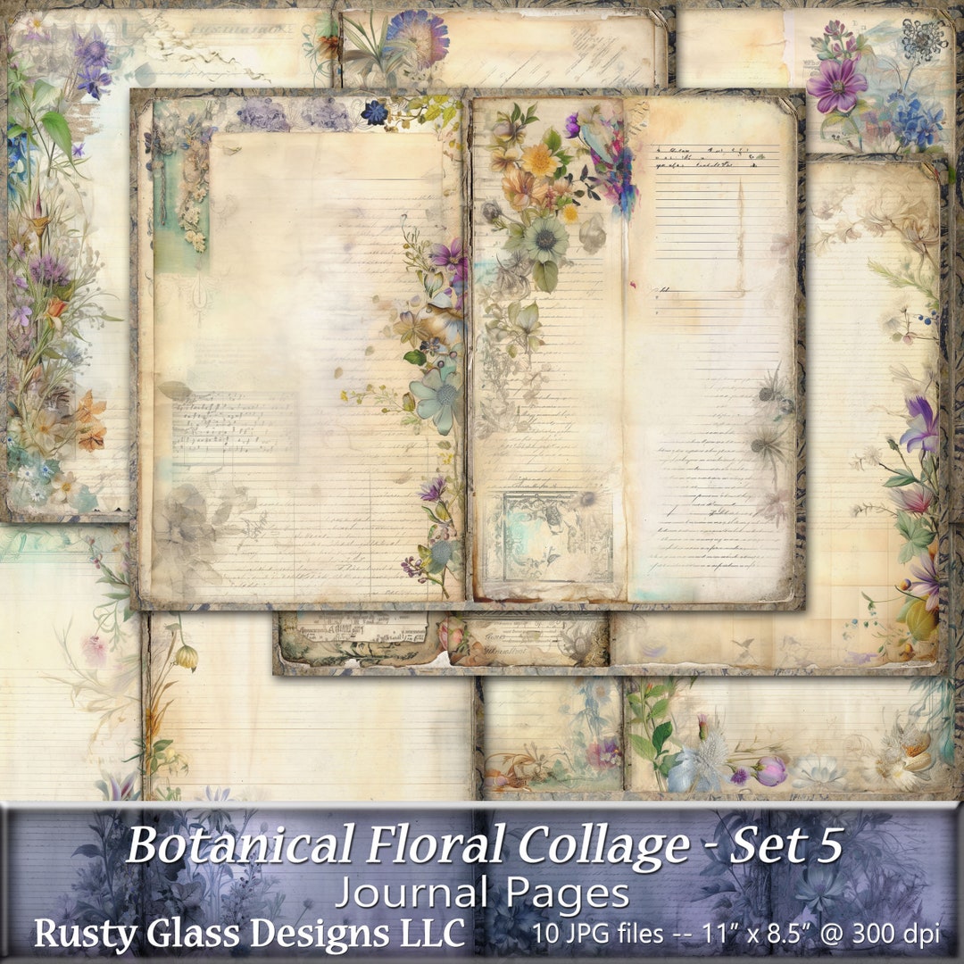 Shabby Botanical Floral Collage Junk Journal Pages, Set 5, Grunge ...