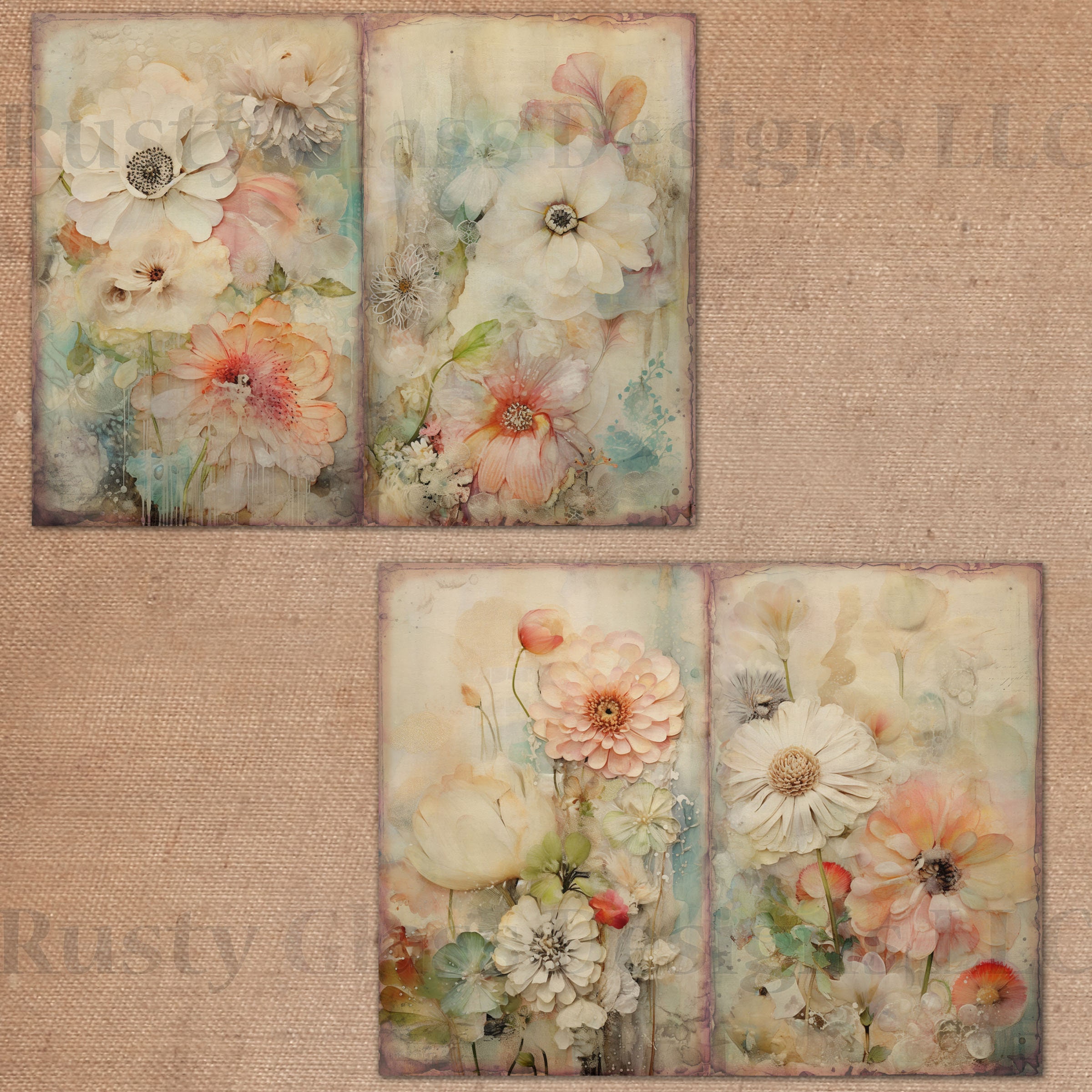 Large Pink White and Blue Flowers Junk Journal Paper, Printable Journal ...