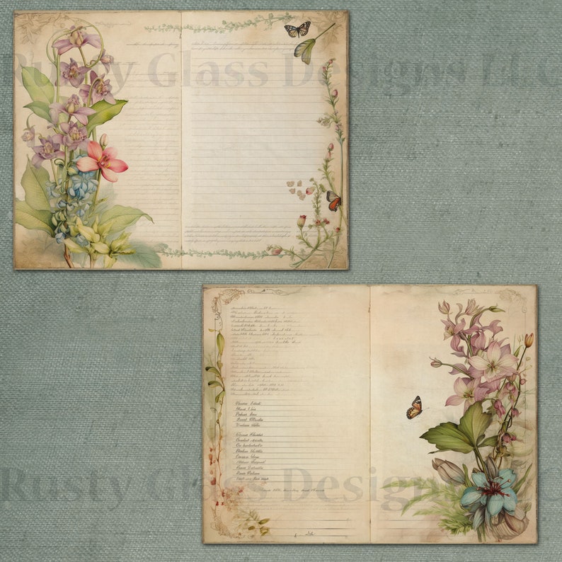 Pastel Botanical Ledger Journal Pages Set 4, Printable Junk Journal ...