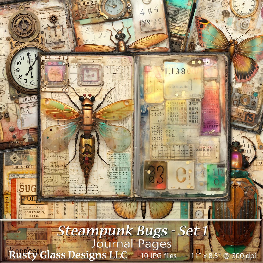Steampunk Bugs Junk Journal Pages, Insects Butterflies Dragonflies ...