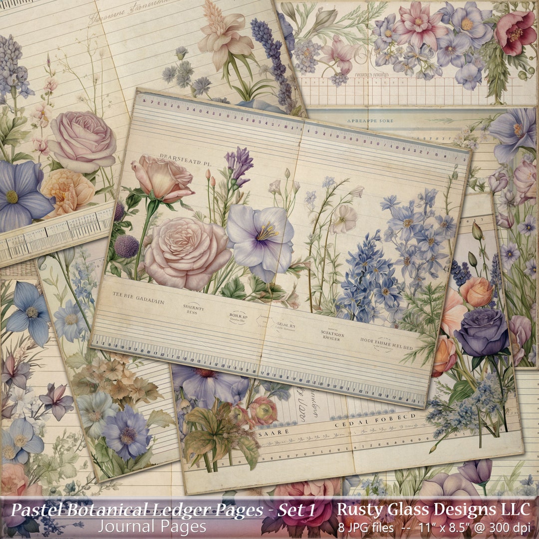Pastel Botanical Ledger Pages - Set 1 / Blue and Pink Floral Journal ...