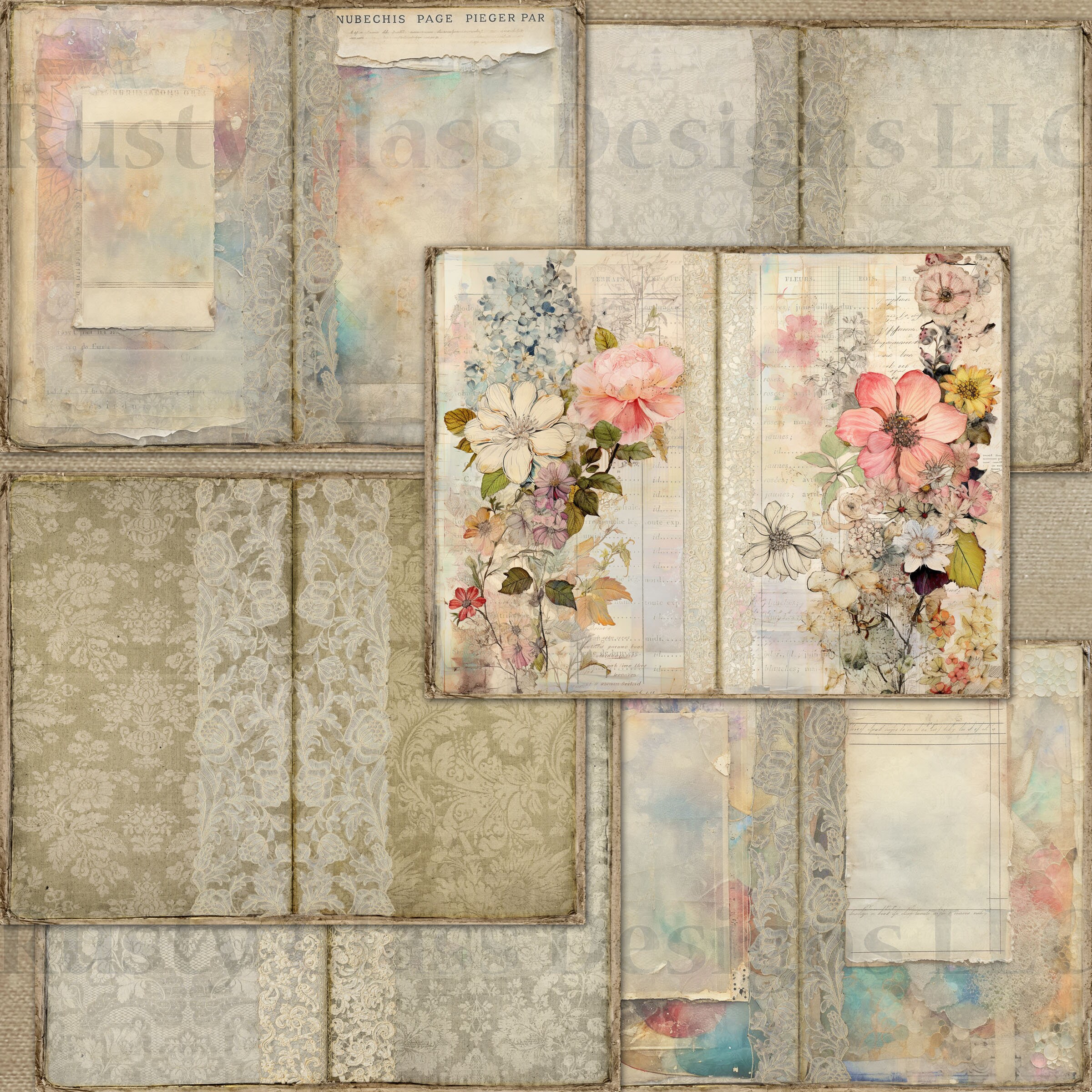 Shabby Lace and Damask Junk Journal Kit, Printable Junk Journal Pages ...