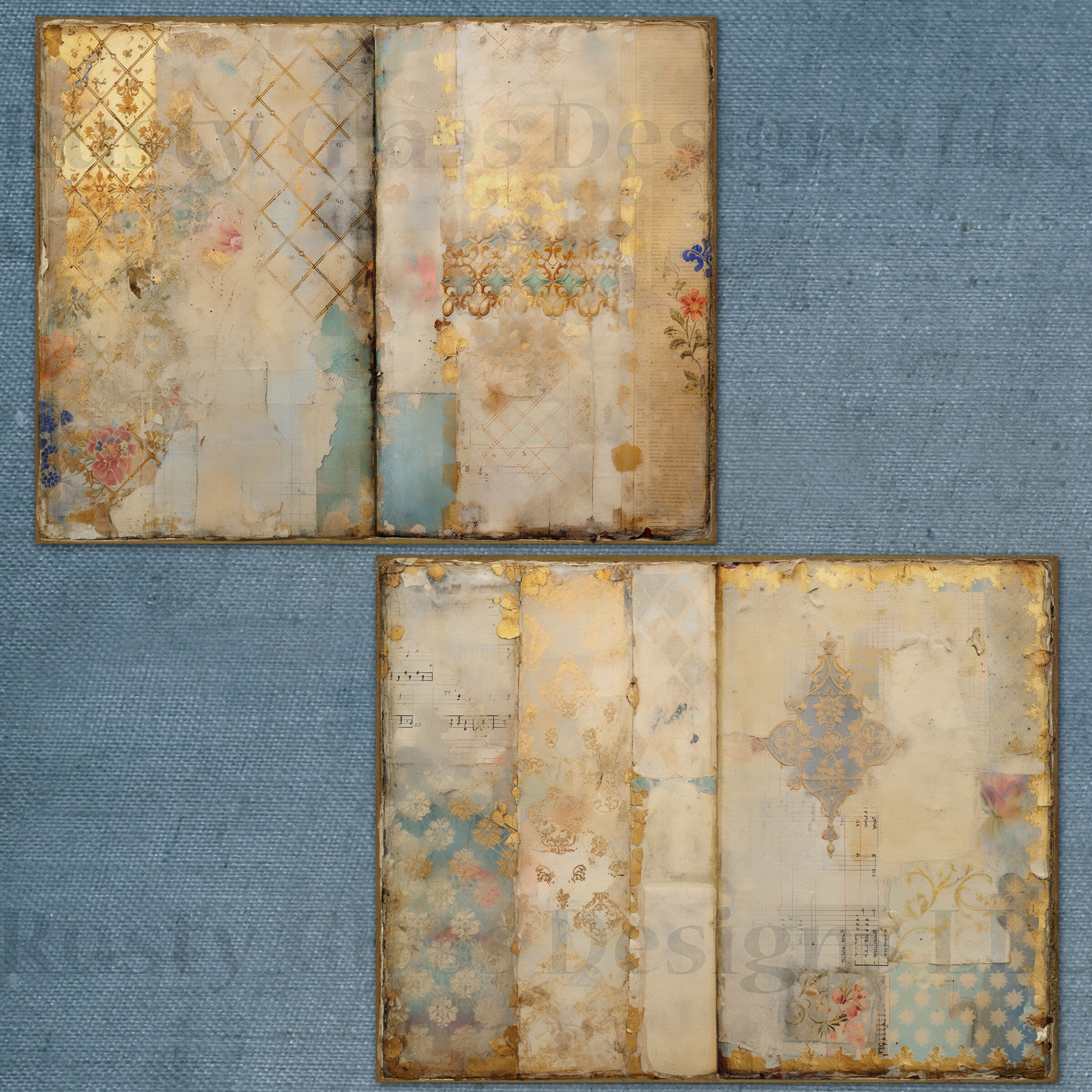 Printable Journal Pages, Gold Pattern Journal, Beige Blue and Gold Junk ...