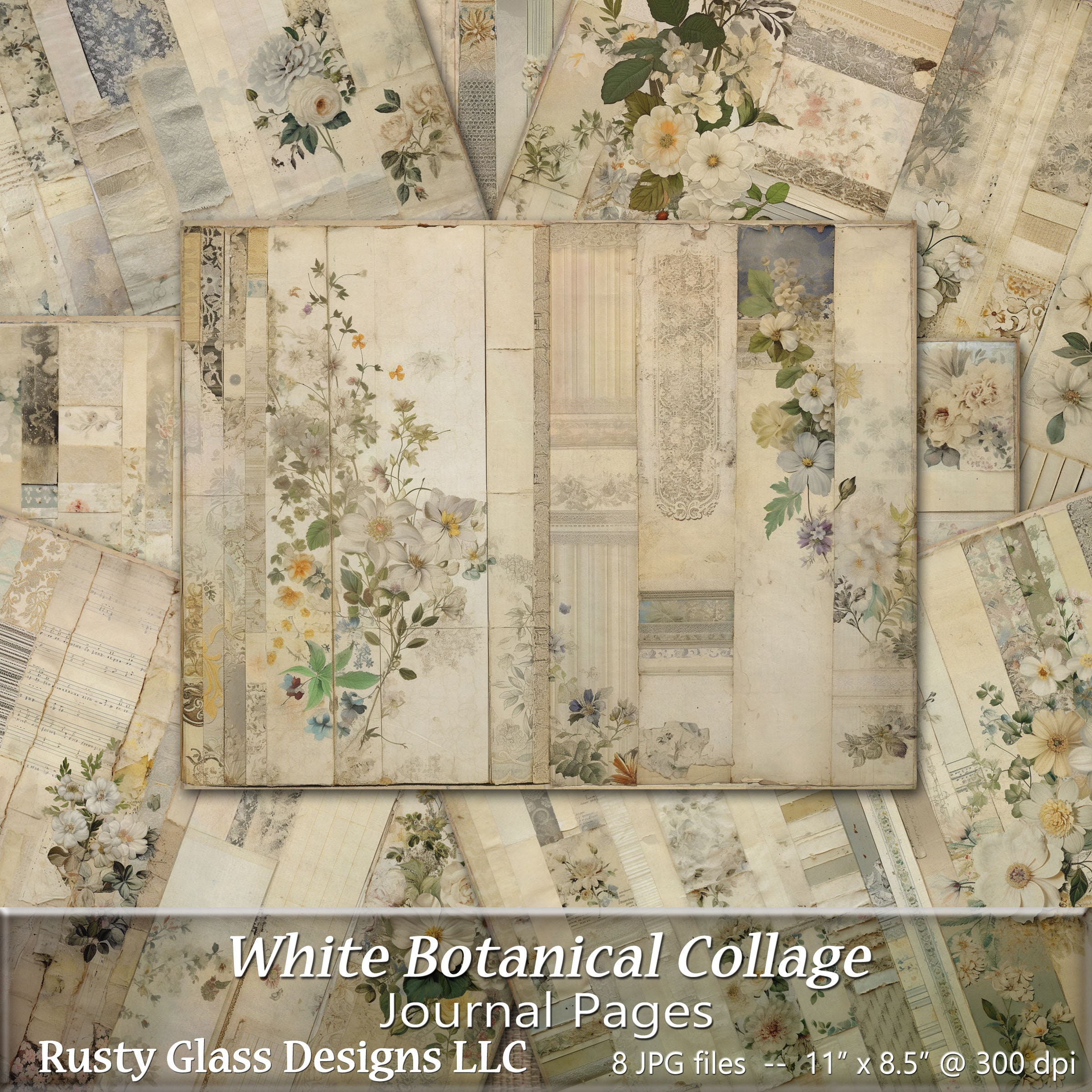 White Botanical Collage Junk Journal Pages, Printable Journal Paper ...