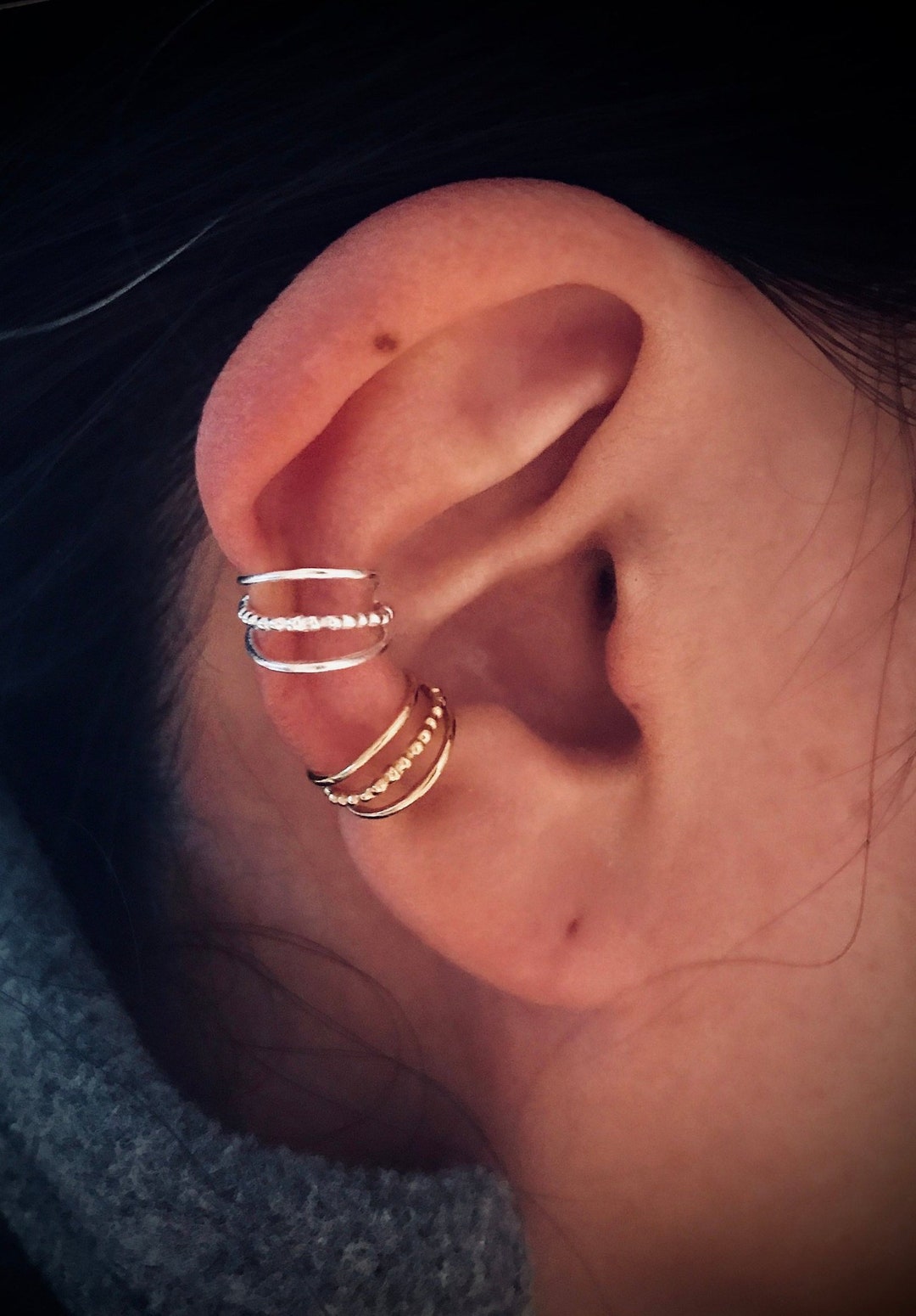 Sterling Silver Three Line Ear Cuff, Textured Ear Wrap, No Pierce Ear Cuff, Simple Earring ...