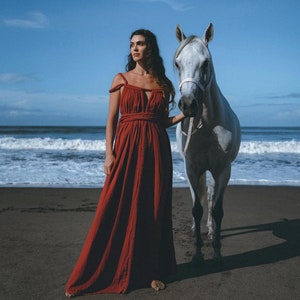 Red Greek Goddess Dress • Boho Bridesmaid Dress • Belted Grecian Dress ...