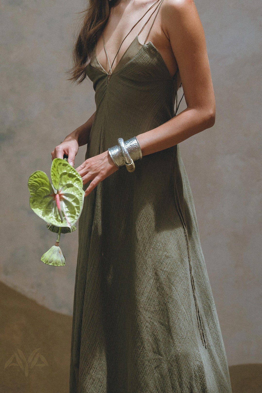 Sage green padma goddess dress ⋅ a-line bohemian backless minimalist ⋅ ...