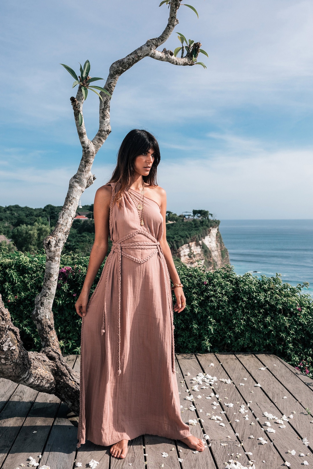 Dusty Pink Goddess Dress Bohemian Toga Dress Macrame Dress One Shoulder ...