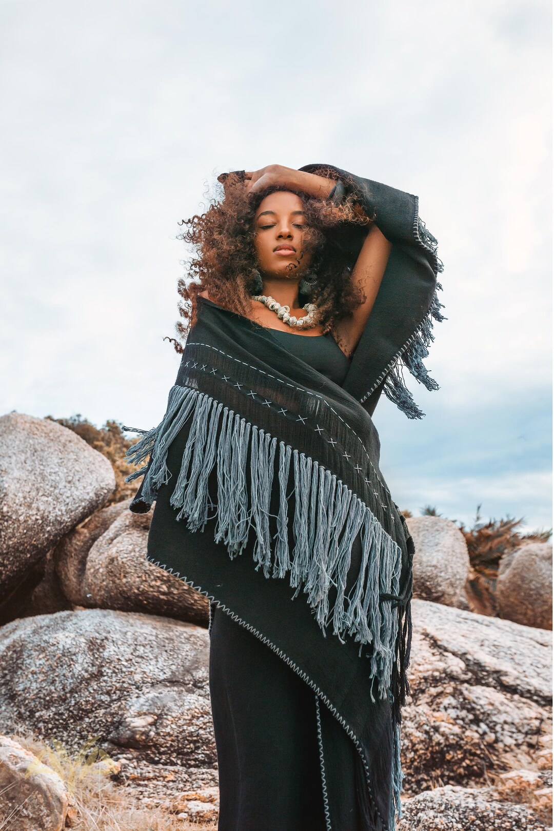 Black Boho Poncho • Boho Embroidered Cape • Native Fringe Cape ...