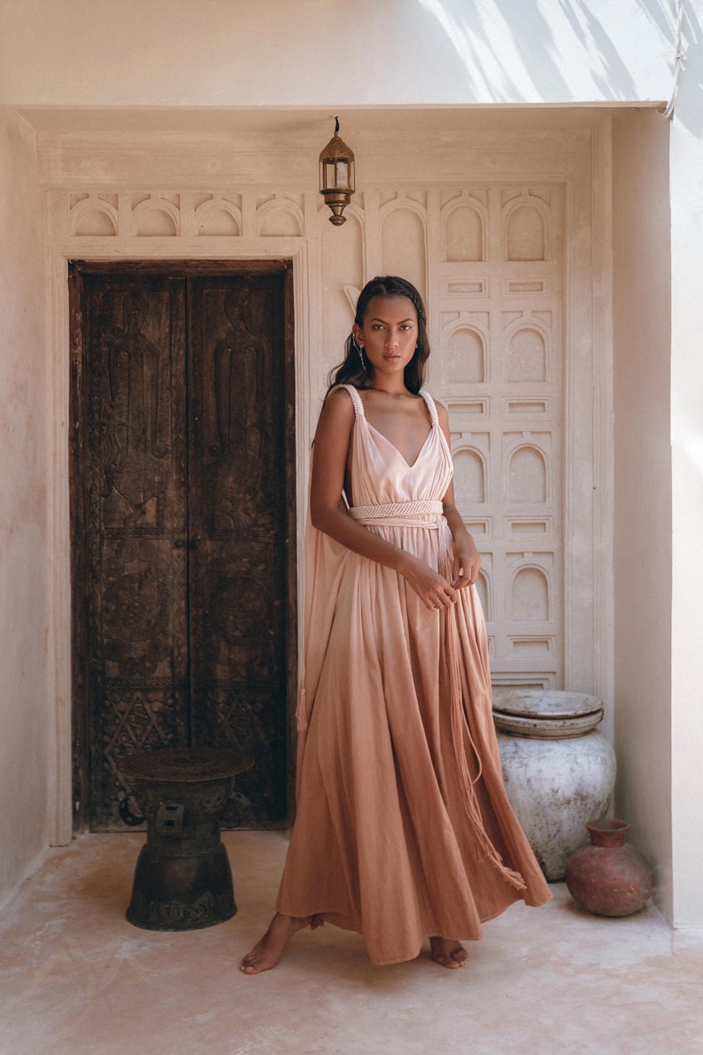 Dusty Pink Greek Goddess Dress Crochet Belted Boho Dress - Etsy