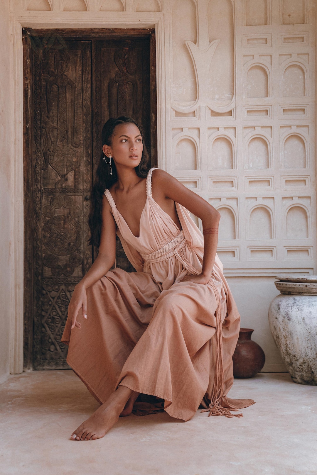 Dusty Pink Greek Goddess Dress Crochet Belted Boho Multiway Dress ...