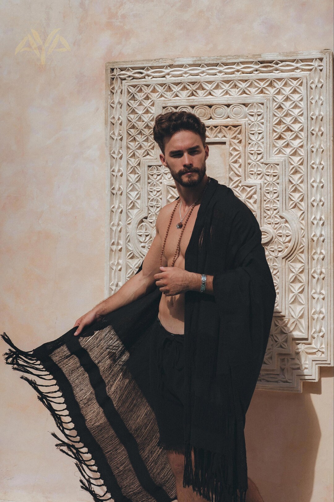 Black Fringed Sarong • Cotton Soft Cover up Men • Boho Bohemian Fringe ...