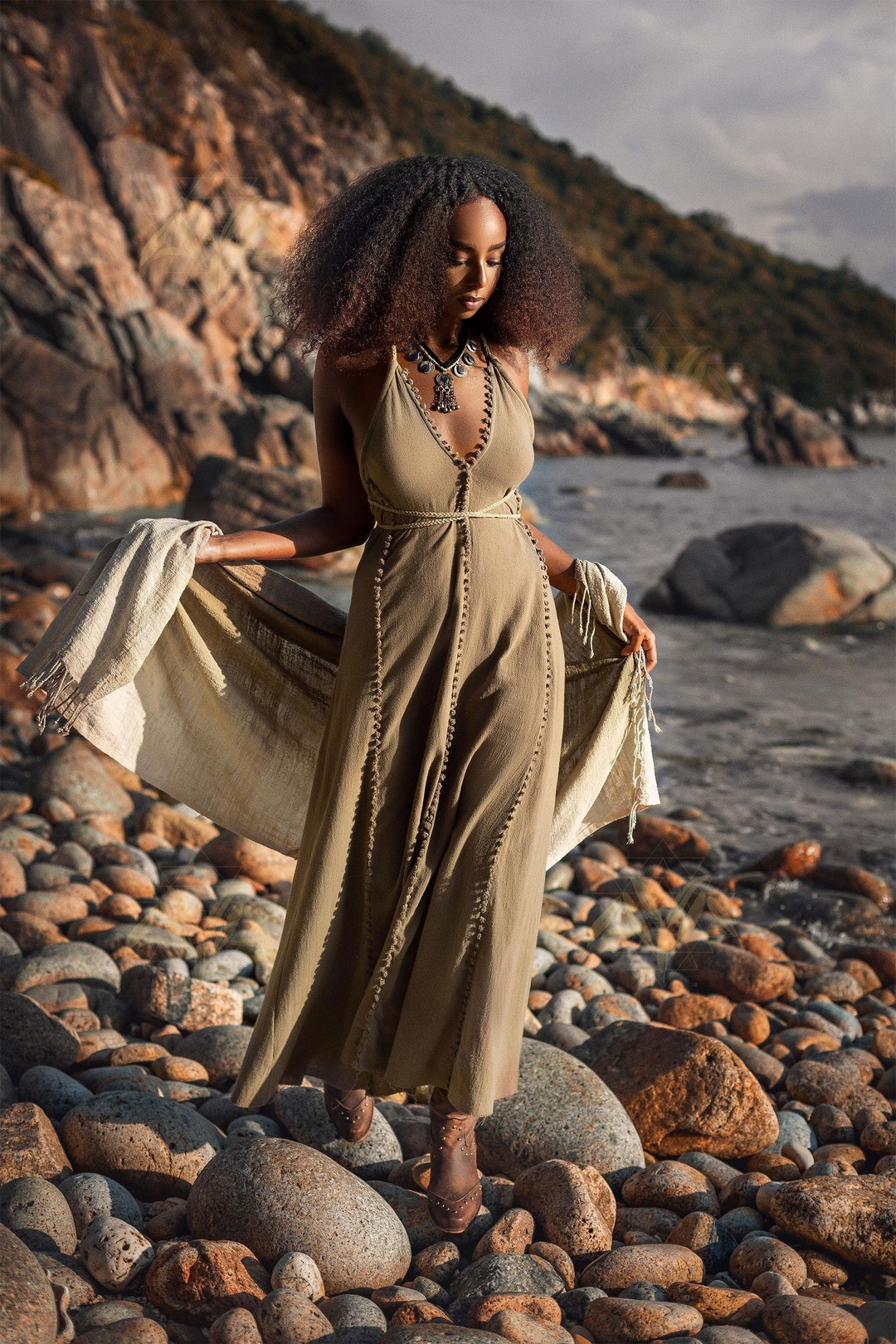 Sage Green Goddess Dress Boho Tribal Dress Bohemian Tassels Adjustable ...