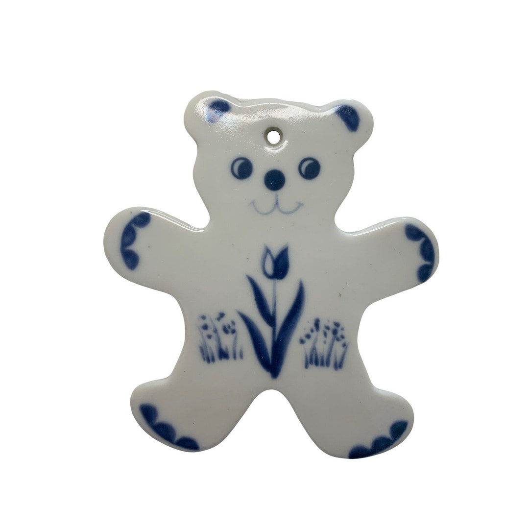 Russ Delft Style Porcelain Teddy Bear Ornament Flat With Flower ...