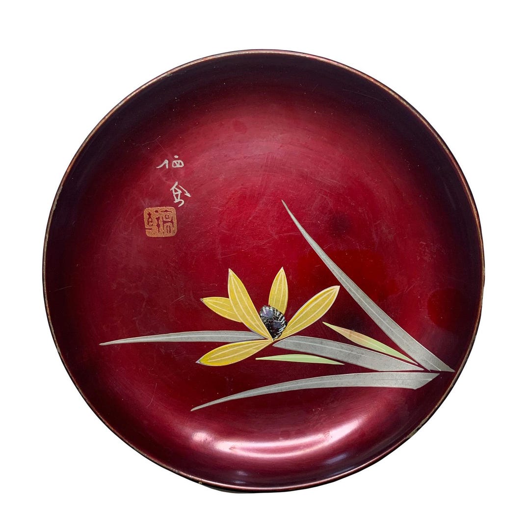 Vintage Beautiful Red Japanese Lacquer Dish Gold Flower With Mother of ...
