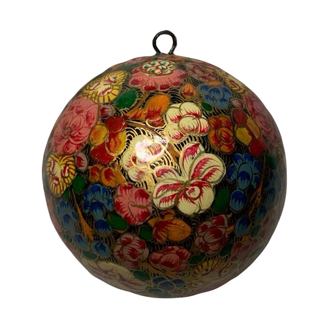 Vintage Floral Kashmir Paper Mache Ball Ornament Kashmiri India Hand ...