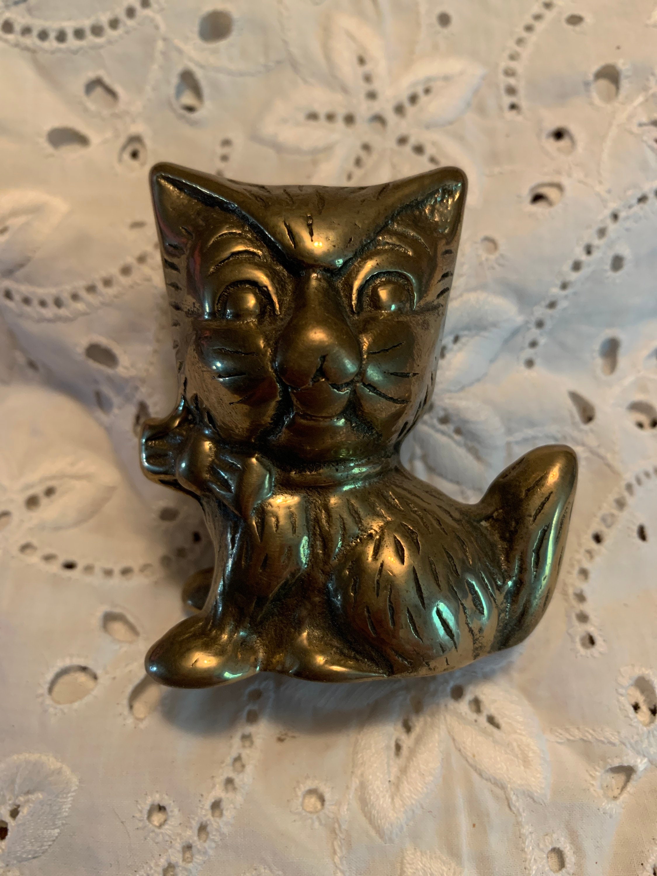 Vintage Adorable Brass Cat With Bow Statue Kitten Figure Mid - Etsy ...