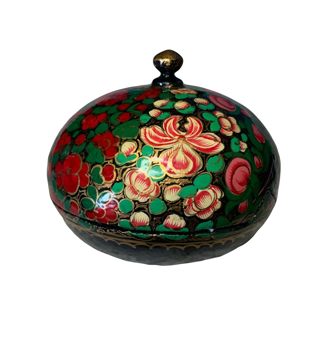 Vintage Beautiful Kashmir Lacquer Round Box Pink and Flowers With Gold ...