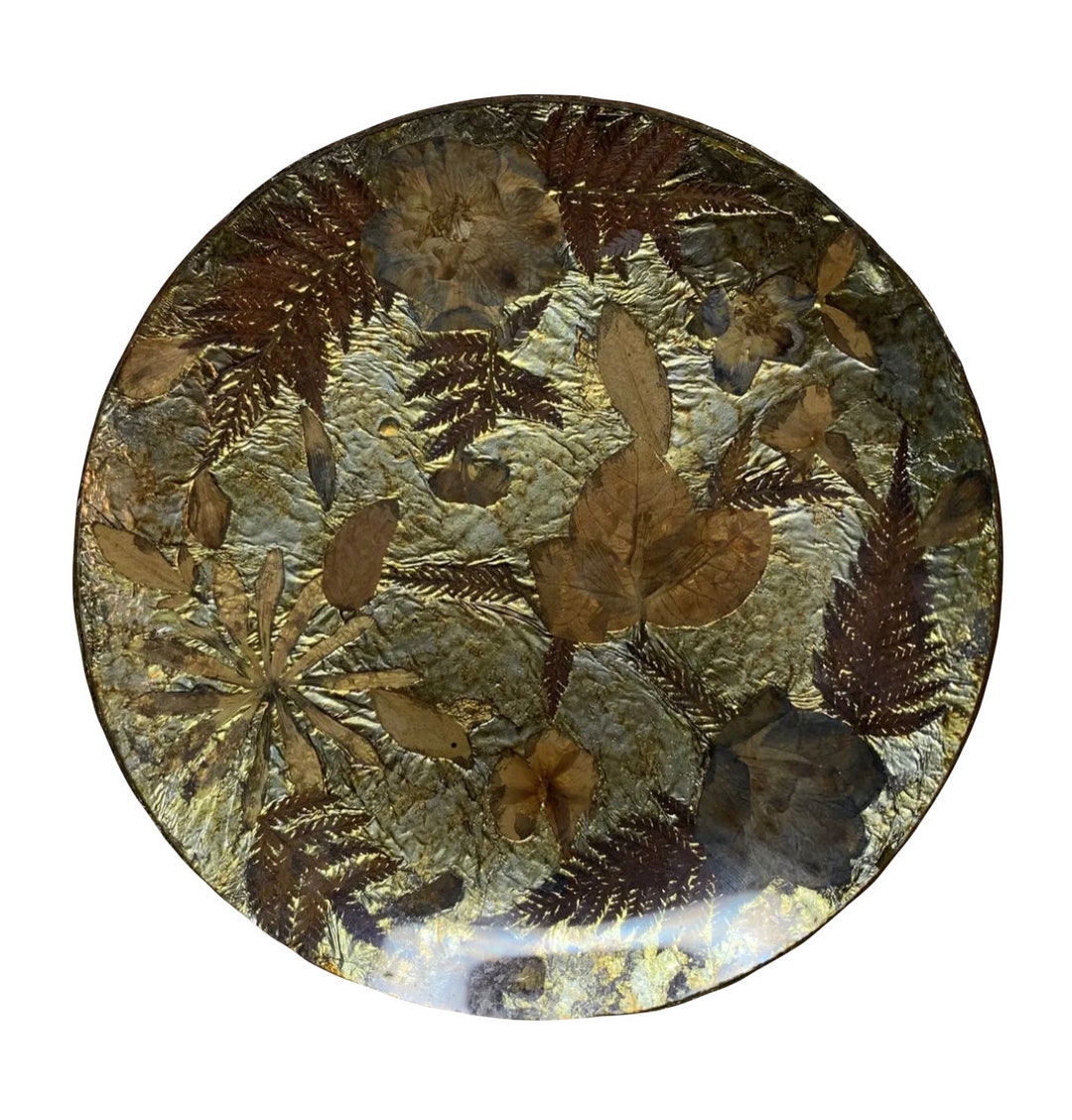 Vintage MCM Mexican Foil Art Glass Plate Gold With Presses Leaves and ...