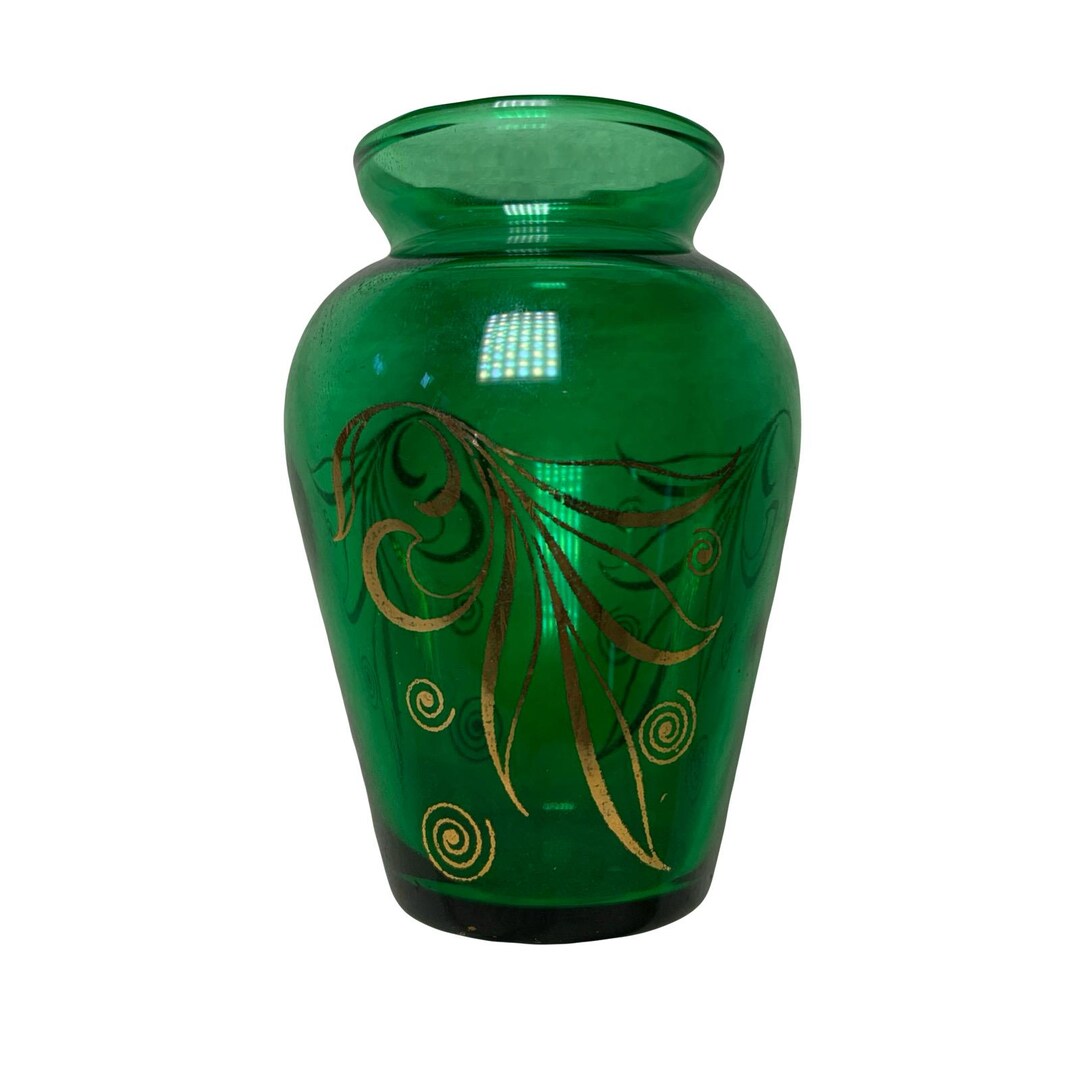 Anchor Hocking Emerald Green Glass Bud Vase With Gold Trim and Swirl - Etsy