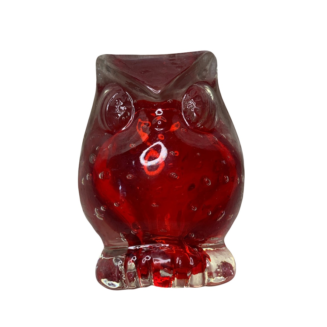 Vintage Mid Century Red and Clear Glass Owl Paperweight Figurine With ...