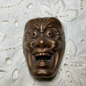 Antique Japanese Noh Netsuke Mask Metal Miniature Copper Tone Laughing ...