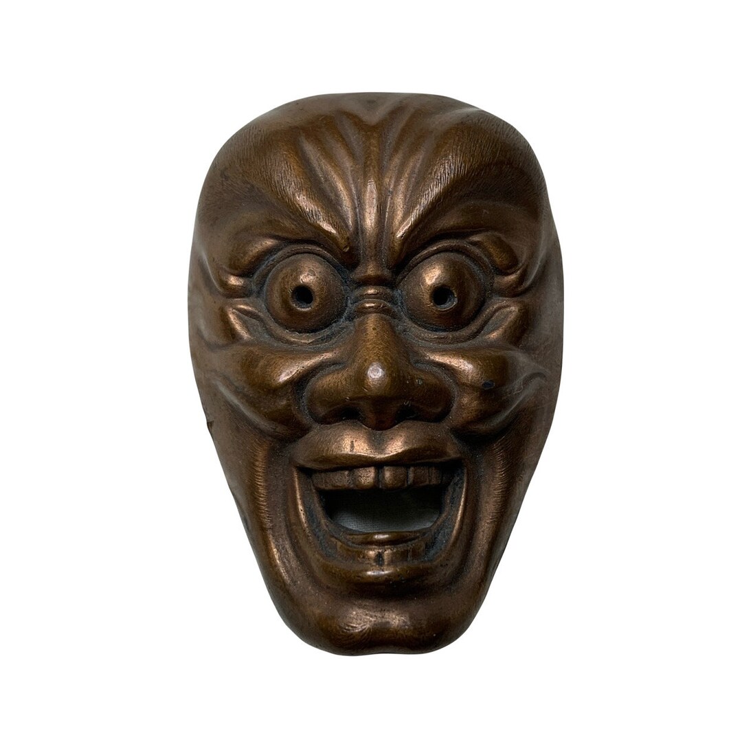 Antique Japanese Noh Netsuke Mask Metal Miniature Copper Tone Laughing ...