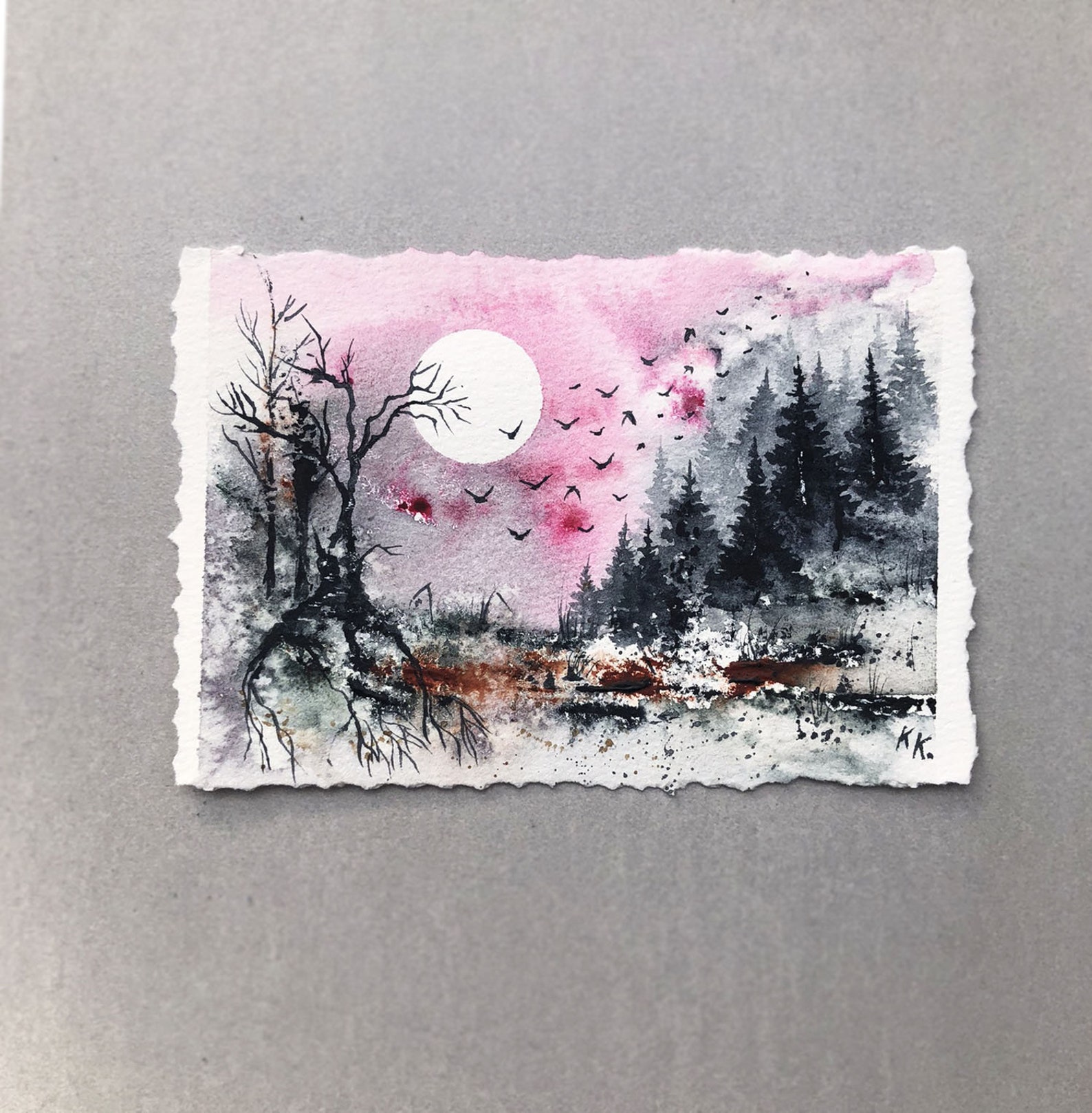 4x6" Bright Pink Sunset Forest Landscape Watercolor Original Small ...