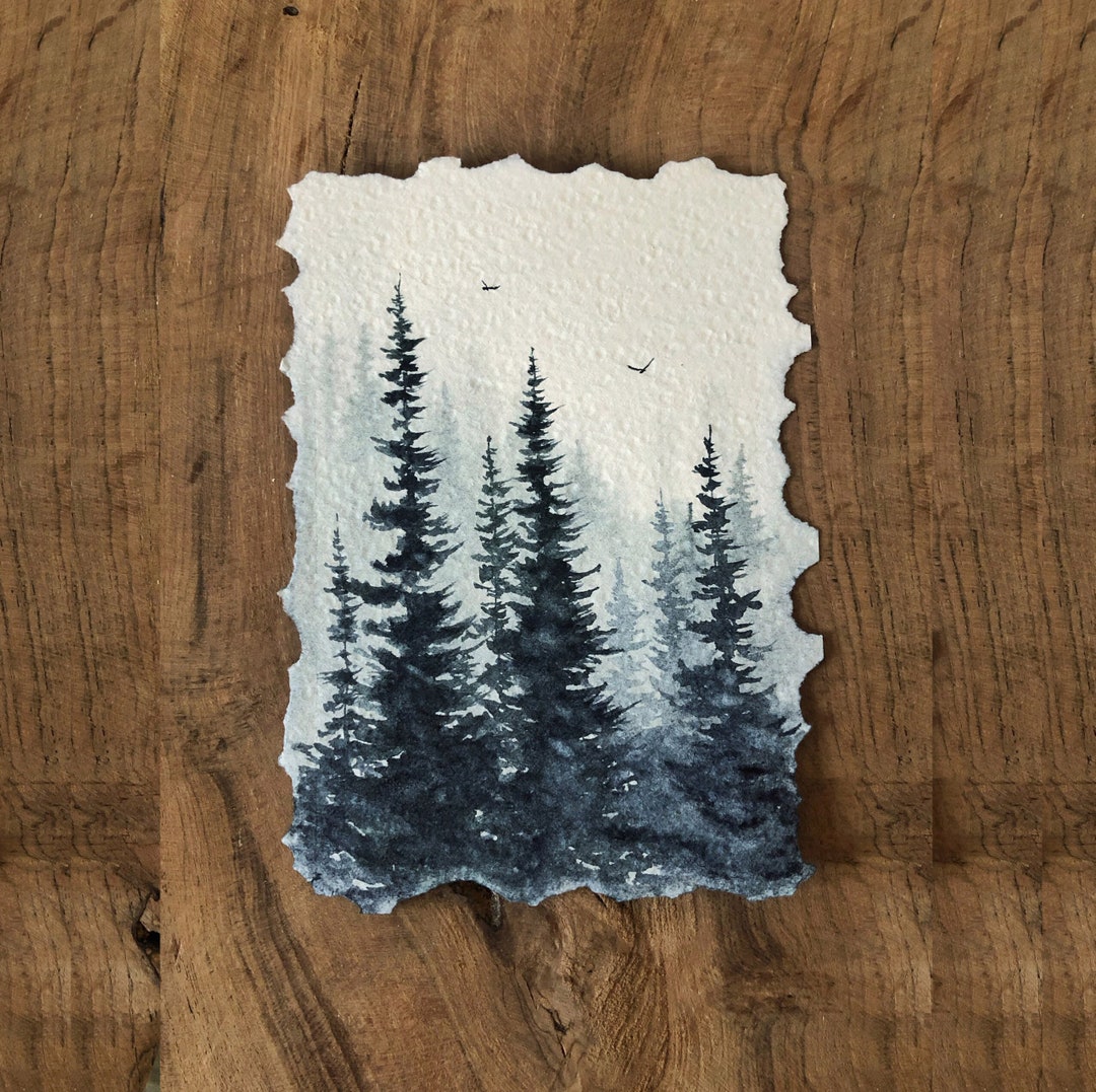 5x7" Gray Misty Forest Landscape Watercolor Original Small Painting ...