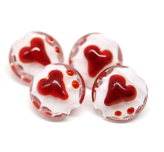 Red Heart Beads Handmade Glass Beads Lampwork Lentil White Red - Etsy ...