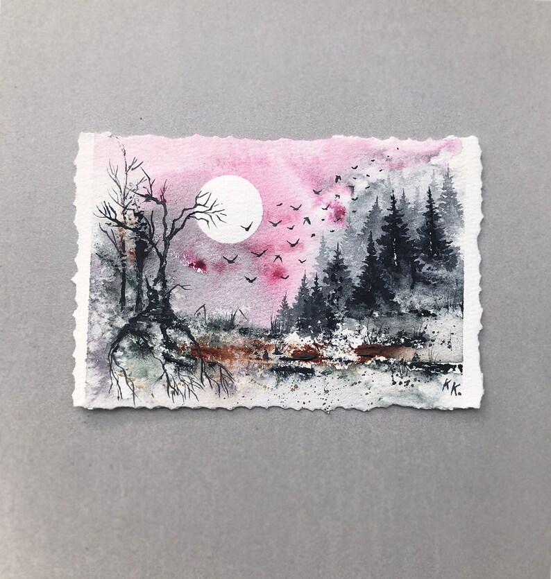 4x6" Bright Pink Sunset Forest Landscape Watercolor Original Small ...
