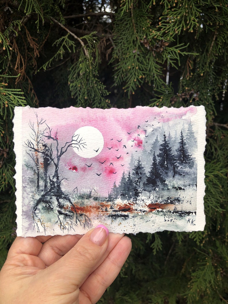 4x6" Bright Pink Sunset Forest Landscape Watercolor Original Small ...