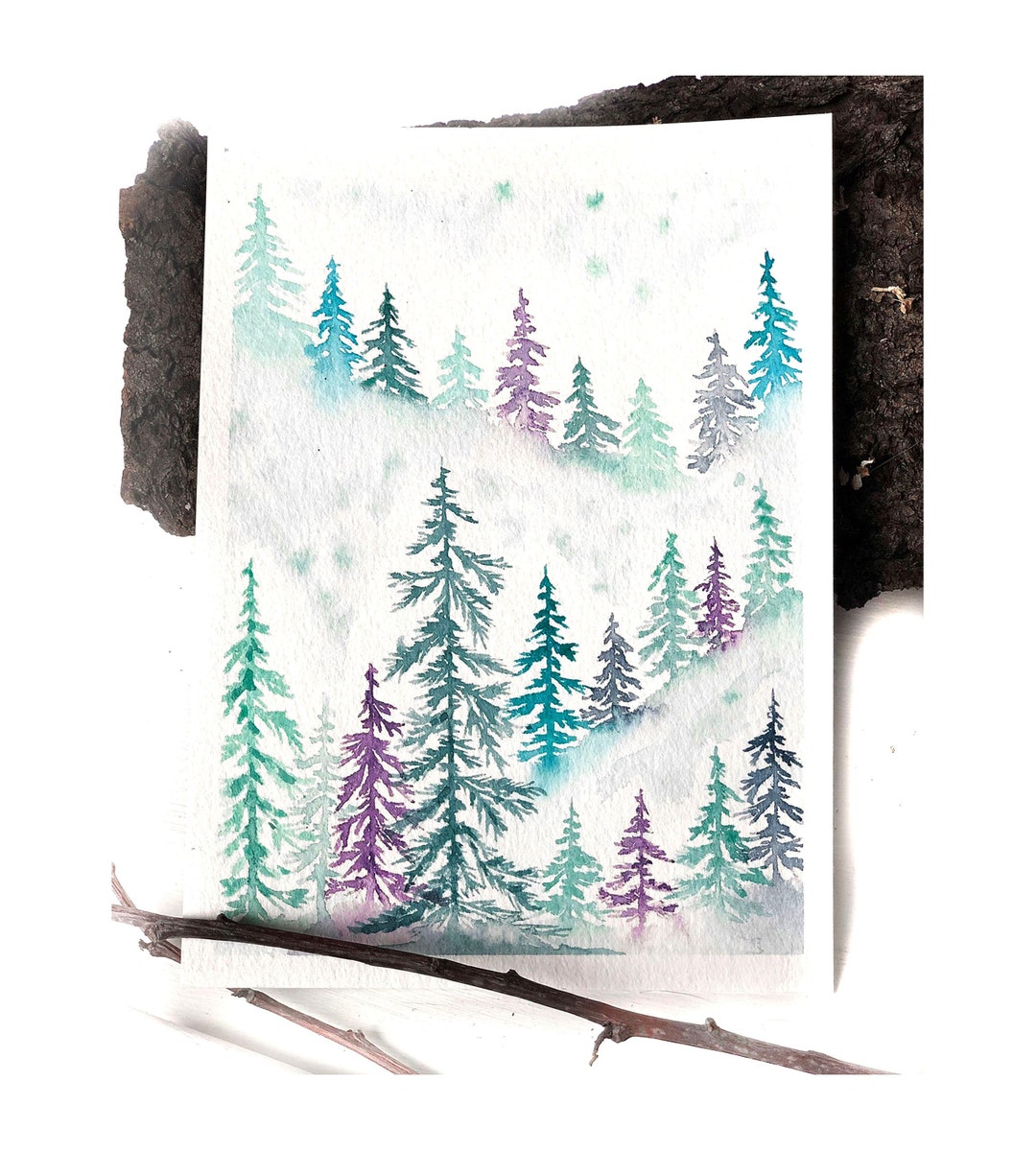 Mint Forest Original Watercolor Miniature Painting Mint Green Landscape ...