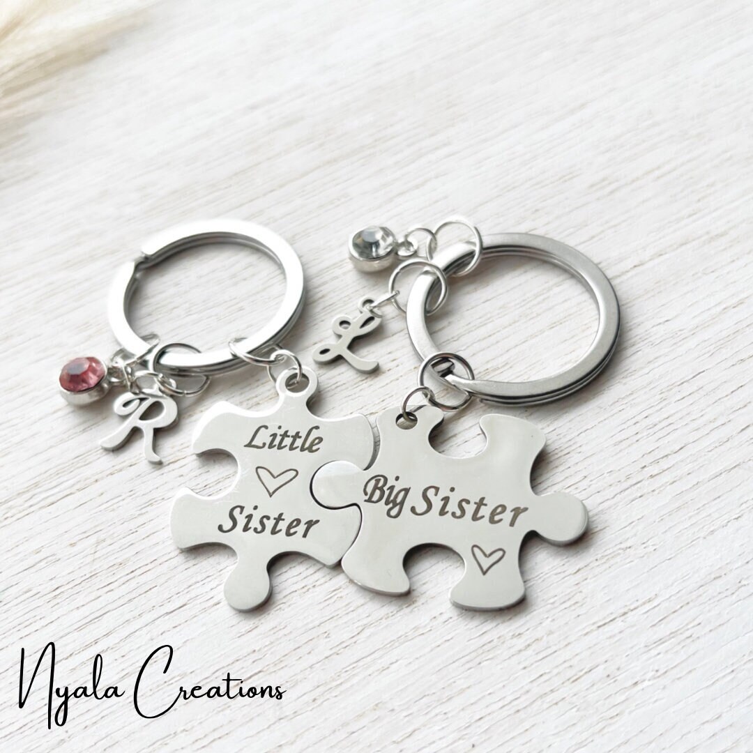 Big Sister and Little Sister Joint Keychain Keyrings, Personalised Gift, Birthstone Keyring ...