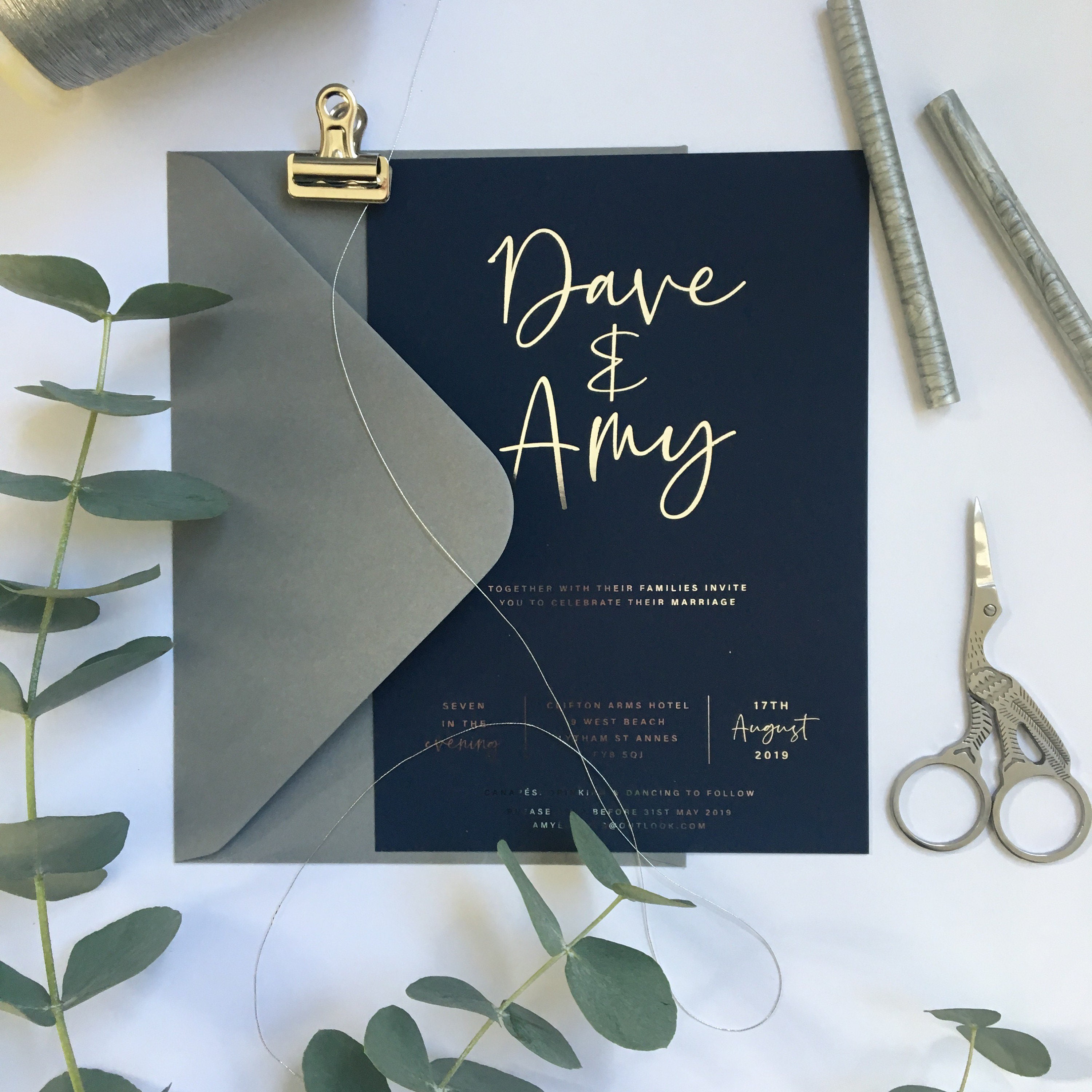 Wedding Foil Invitations Navy & Silver Invite Save The | Etsy