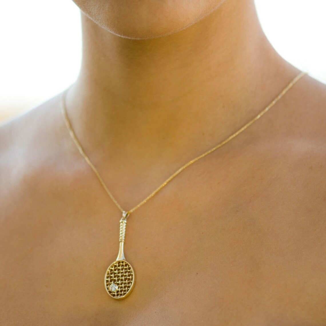 14K Gold Diamond Tennis Racket Sport Necklace Racquetball - Etsy