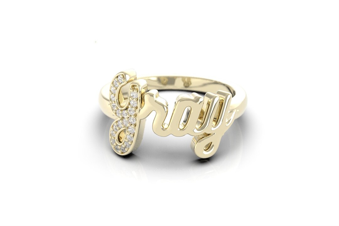 14k Gold Name Ring With Diamonds, 14k Gold Diamond Name Ring, Diamond ...