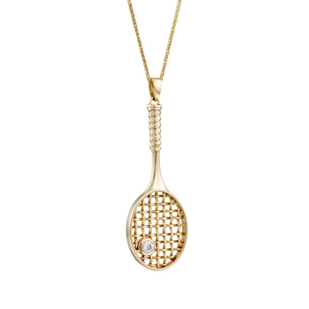 14K Gold Diamond Tennis Racket Sport Necklace, Racquetball Necklace ...